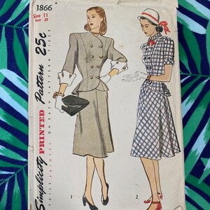 Vintage 1940s 2 Pc Suit Dress Pattern Simplicity 1866 B29 - Etsy