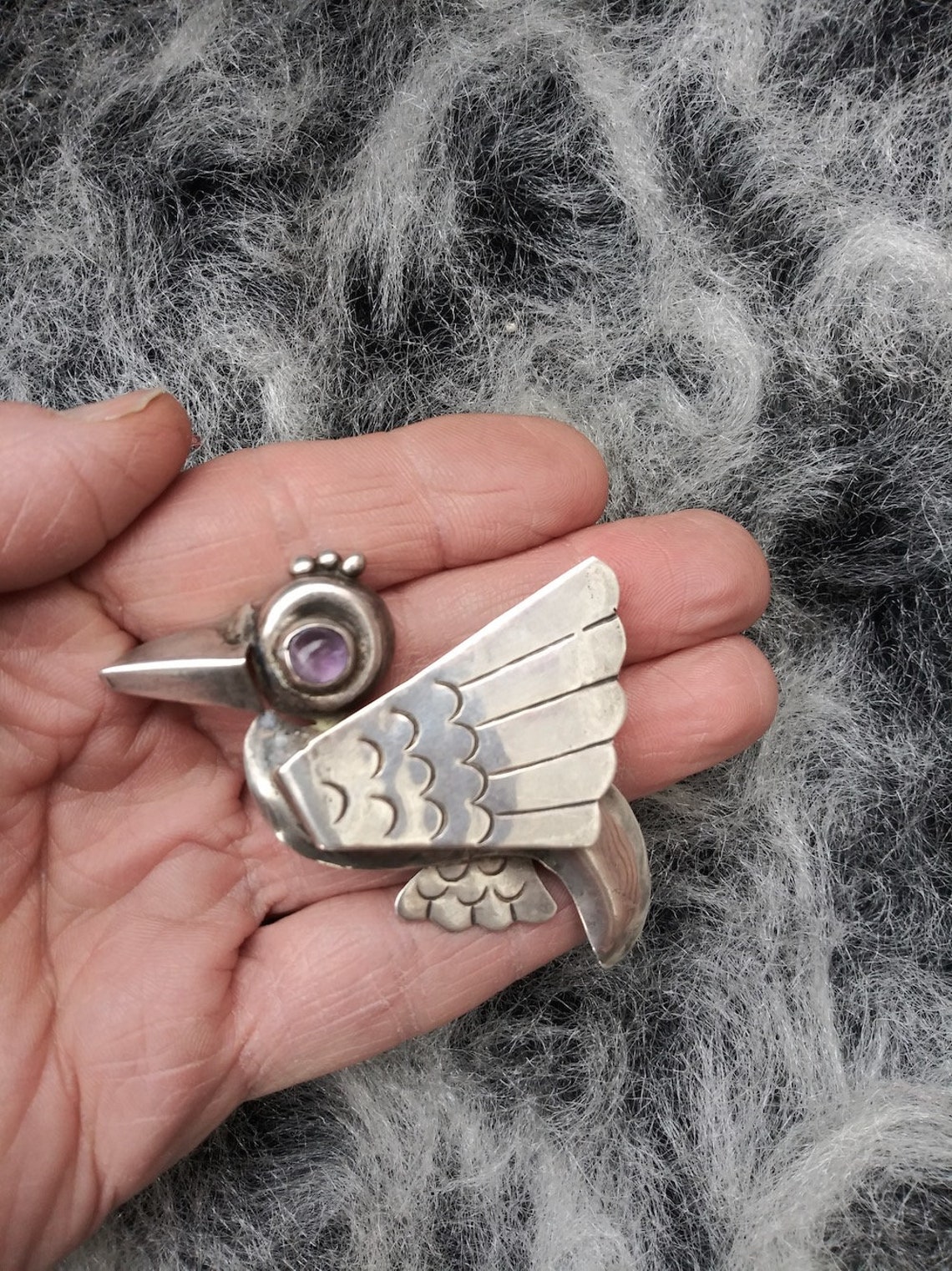 Vintage 1940s Silver Bird Brooch Amethyst Eye Taxco Pre Eagle - Etsy