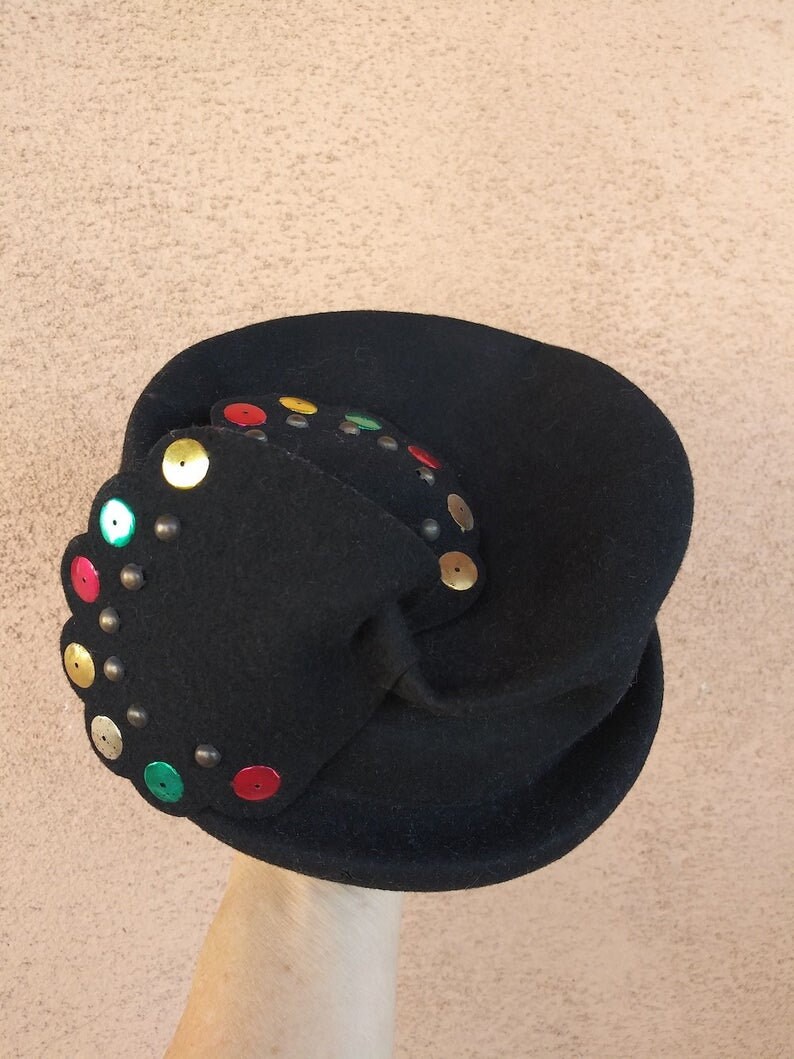 Vintage 1940s Black Wool Toque Hat With Sequins and Brass - Etsy