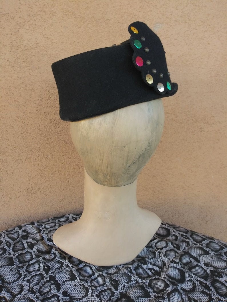 Vintage 1940s Black Wool Toque Hat With Sequins and Brass - Etsy