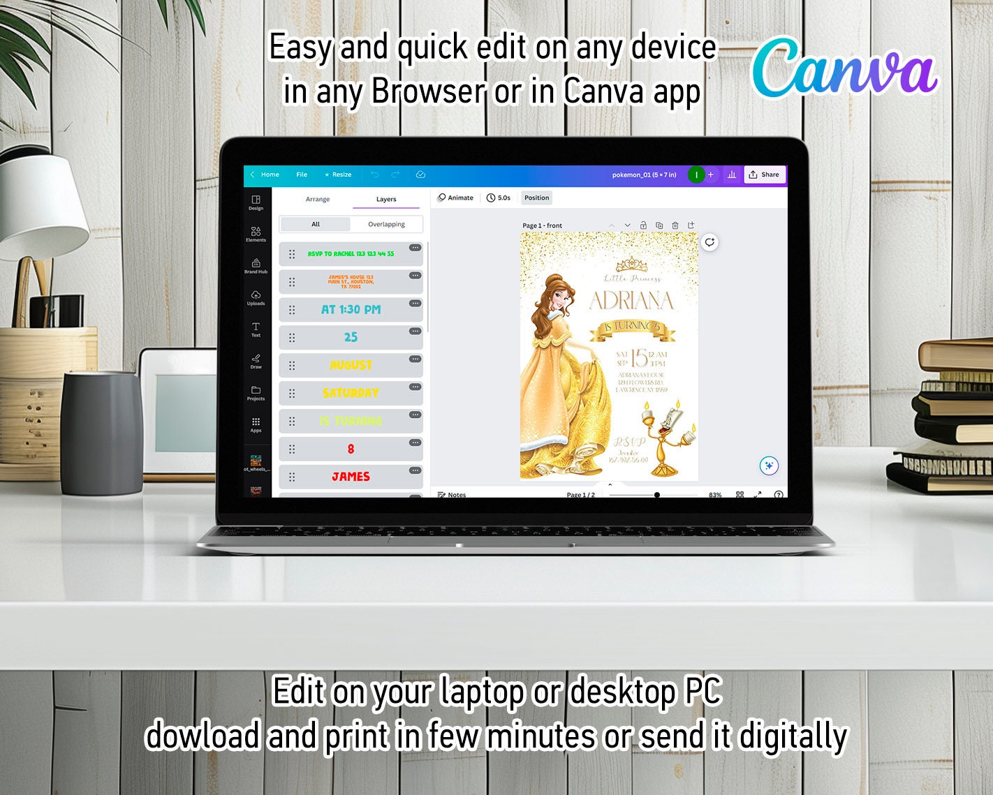 Princess Belle Birthday Invitation, Girl Editable Invite Template ...