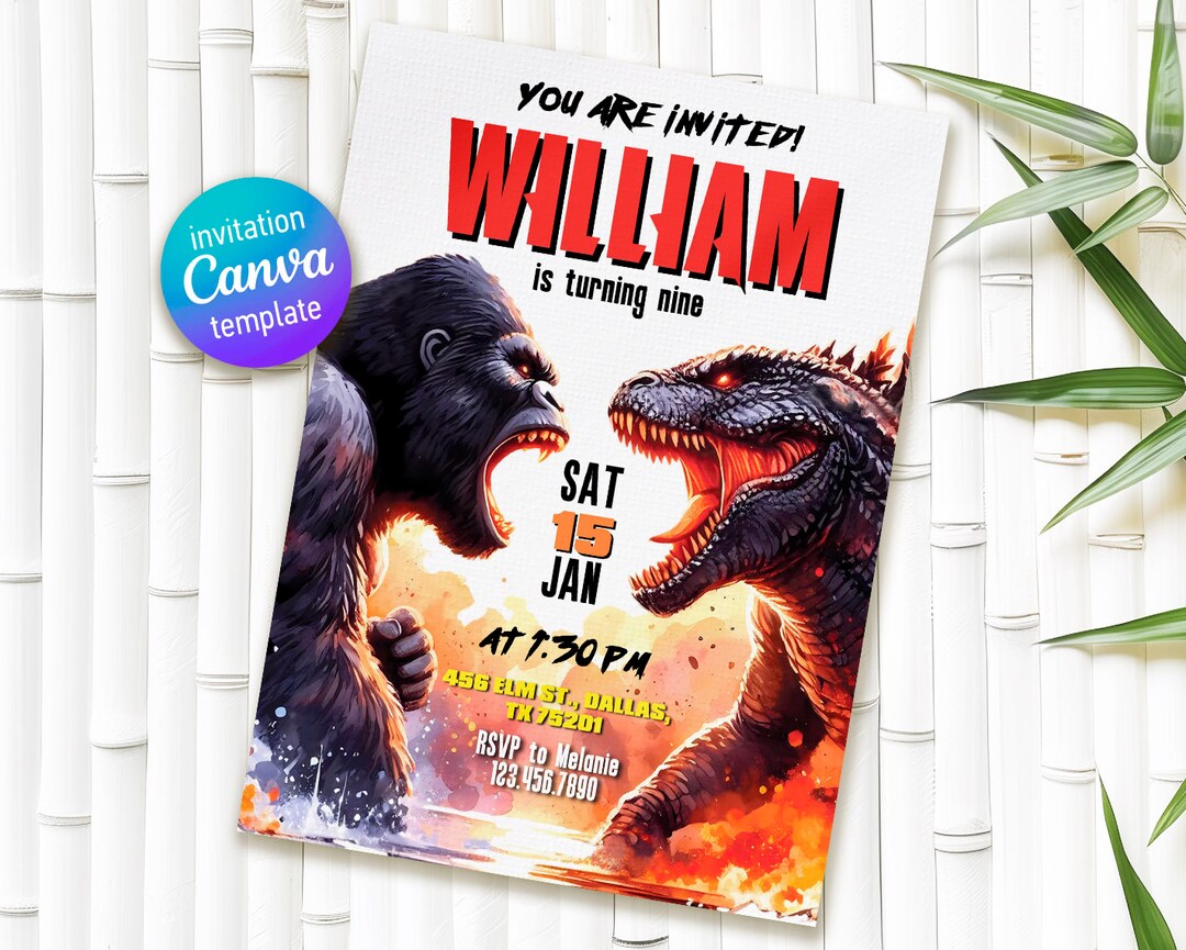 Godzilla X Kong Birthday Invitation, Printable Editable Invite, King ...