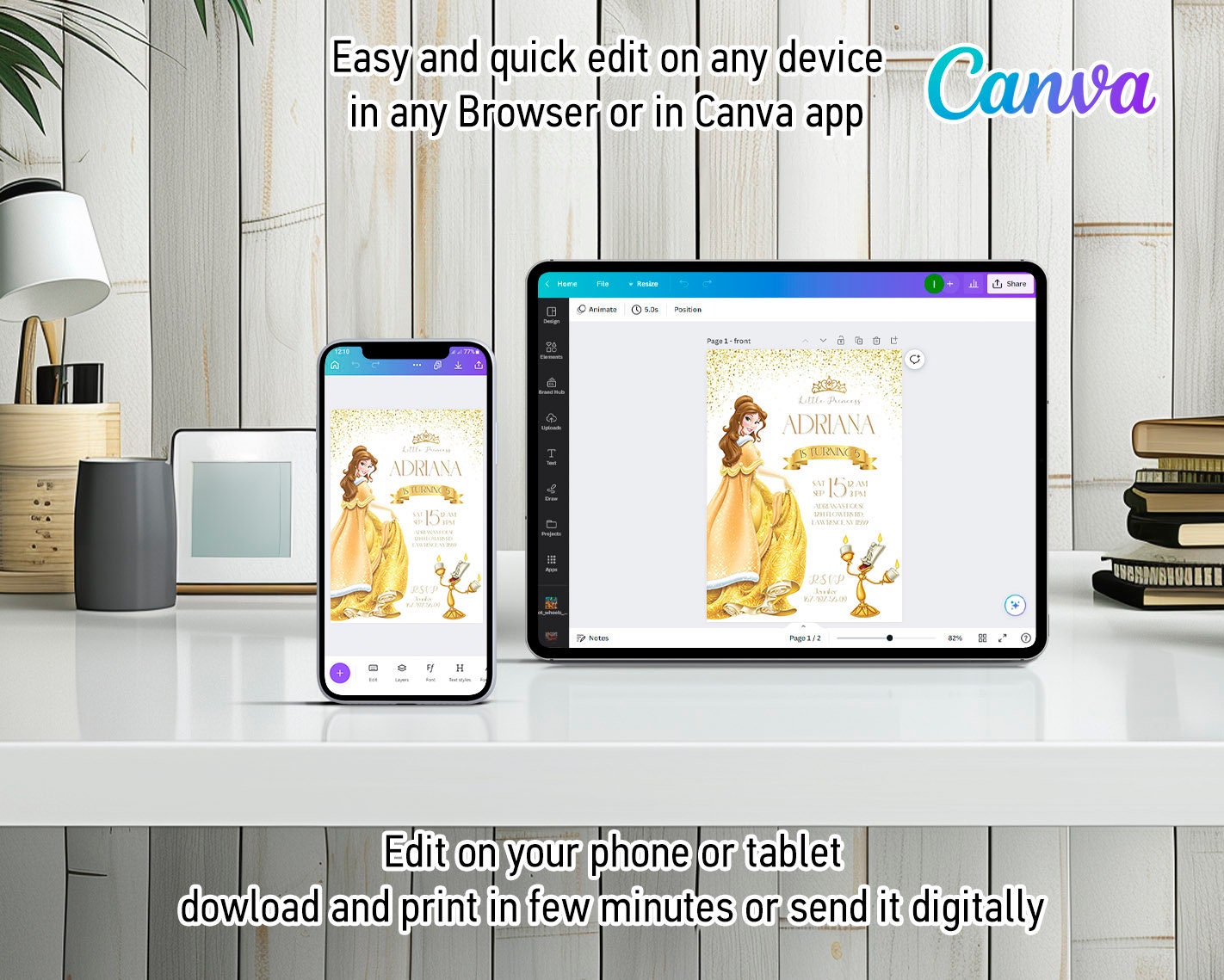 Princess Belle Birthday Invitation, Girl Editable Invite Template ...