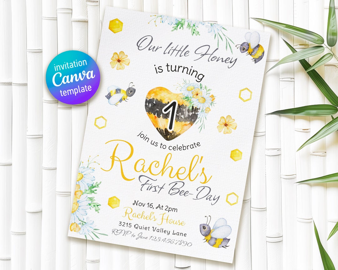 Printable First Bee Day Birthday Invitation, 1st Bee-day Party Invite ...