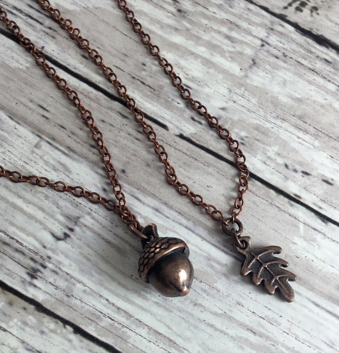 Tiny Acorn and Oak Leaf Cottagecore Necklace Set With Antiqued Copper ...