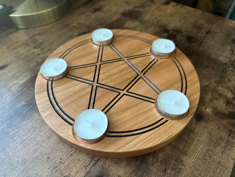 WITCHES PENTACLE Cherry Wood Crystal 5 Elements Candle Board Holder ...