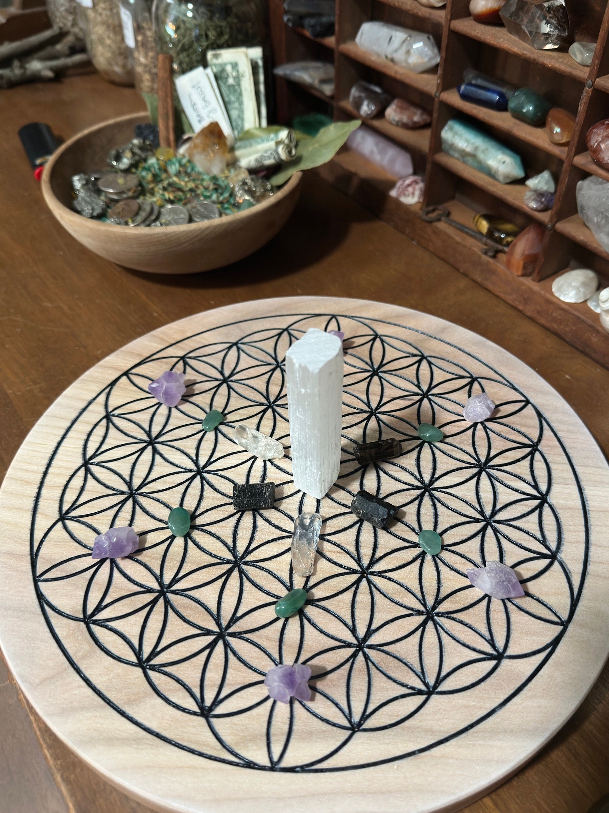 FLOWER OF LIFE Crystal Grid Cherry Wood Gemstone Board Holder Pagan ...