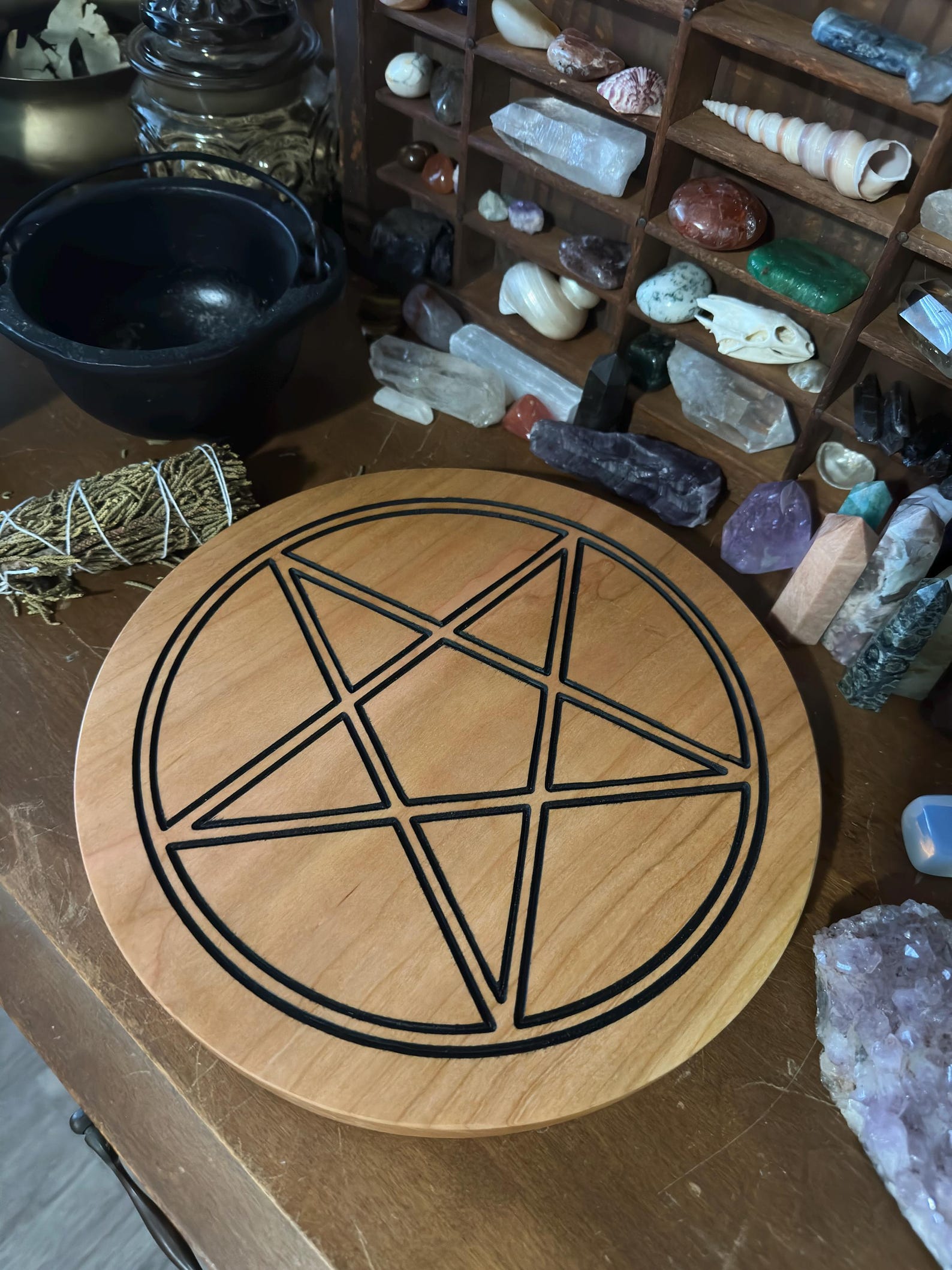 WITCHES PENTACLE Cherry Wood Crystal 5 Elements Candle Board Holder ...