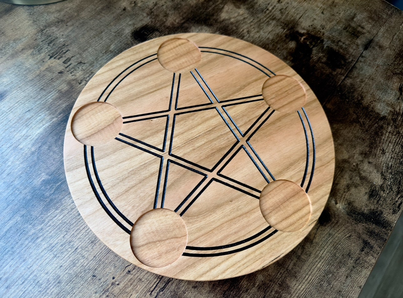 WITCHES PENTACLE Cherry Wood Crystal 5 Elements Candle Board Holder ...