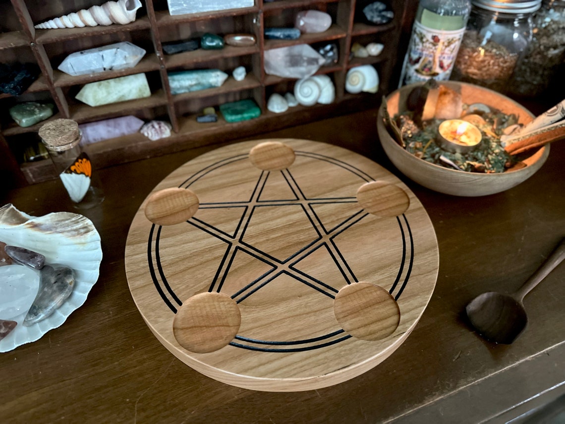 WITCHES PENTACLE Cherry Wood Crystal 5 Elements Candle Board Holder ...