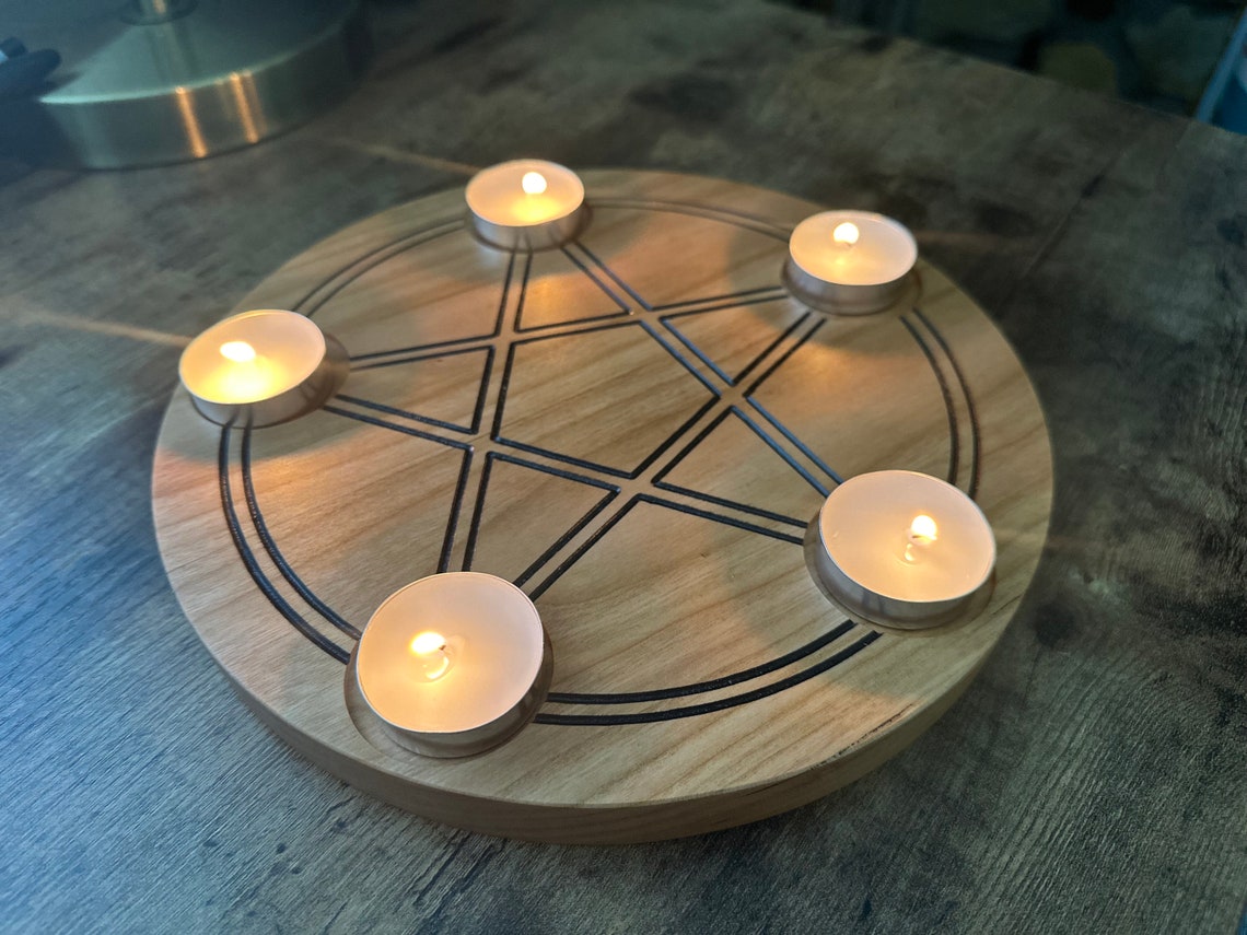 WITCHES PENTACLE Cherry Wood Crystal 5 Elements Candle Board Holder ...