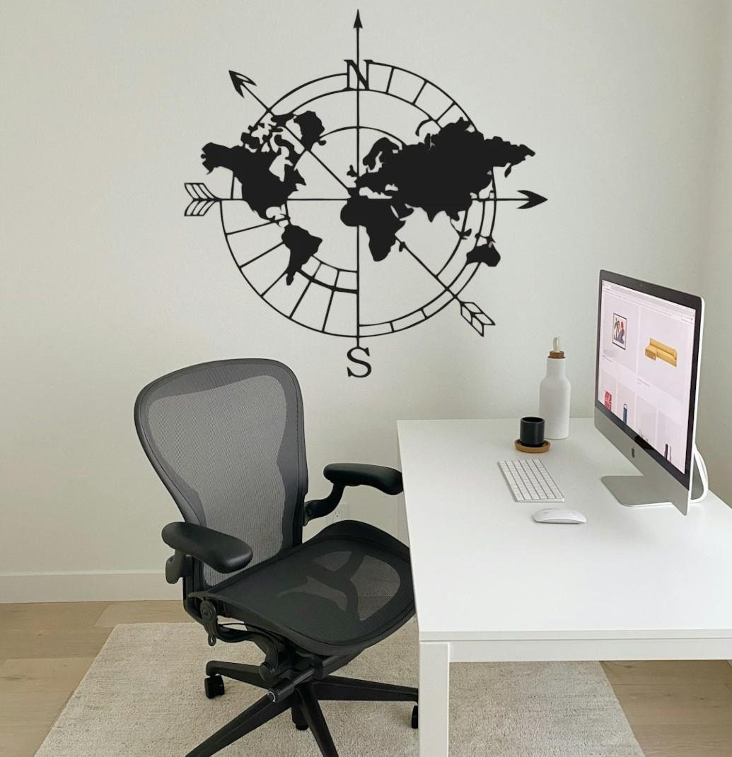 Continents Decor, World Map Compass, Geometric World Map, Wall Hanging ...