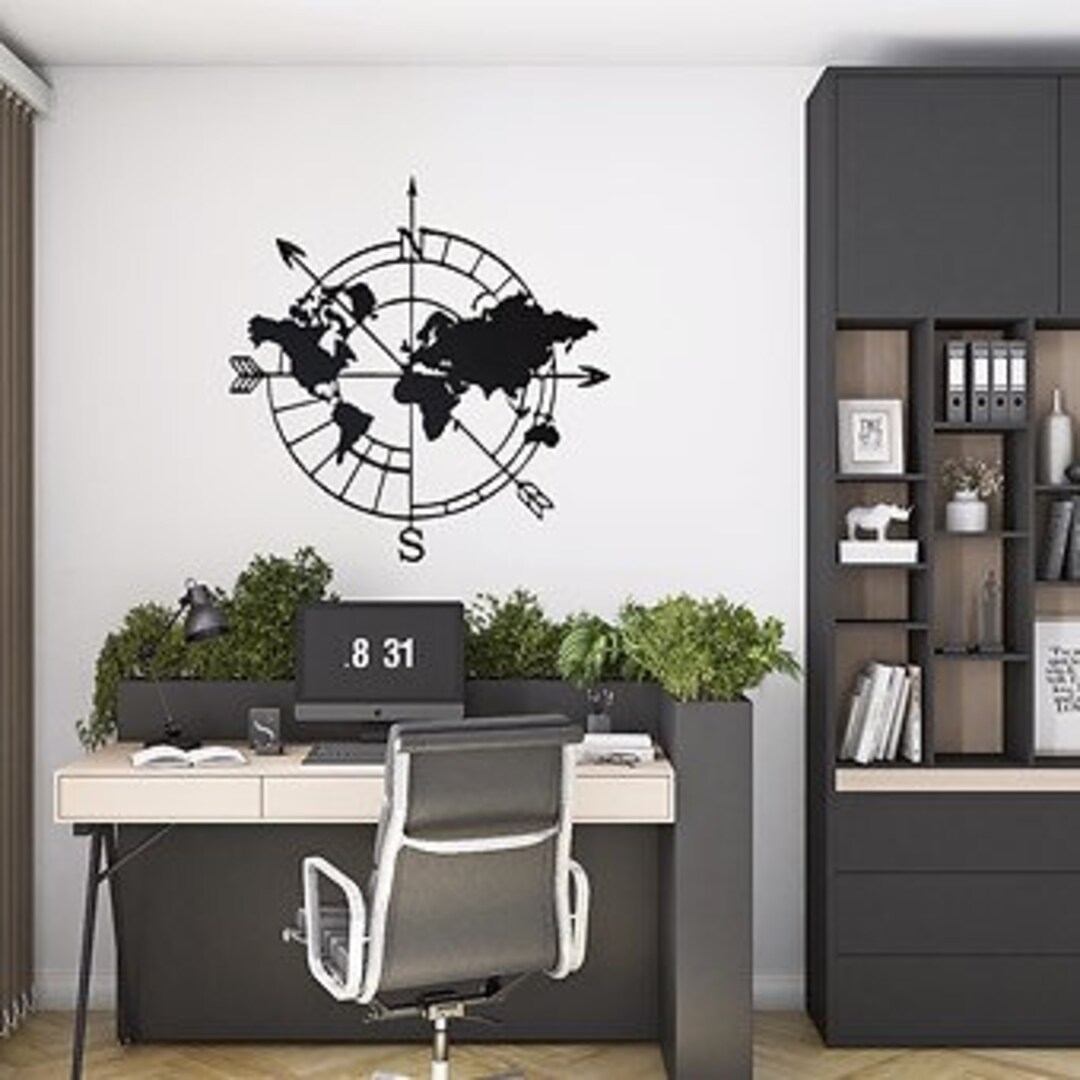 Continents Decor, World Map Compass, Geometric World Map, Wall Hanging ...