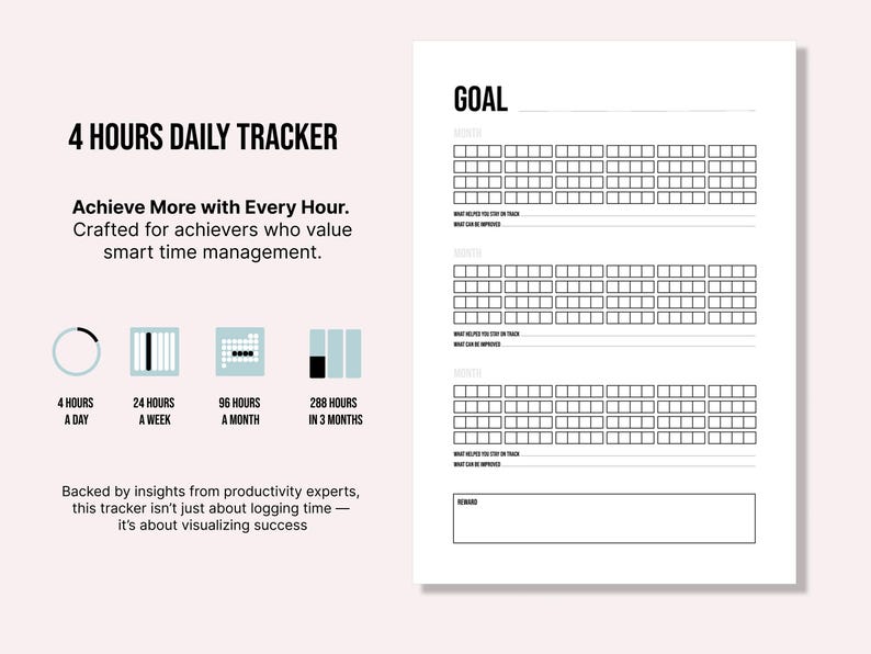 Printable Productivity Tracker | 4h a Day to Achieve Your Goal ...