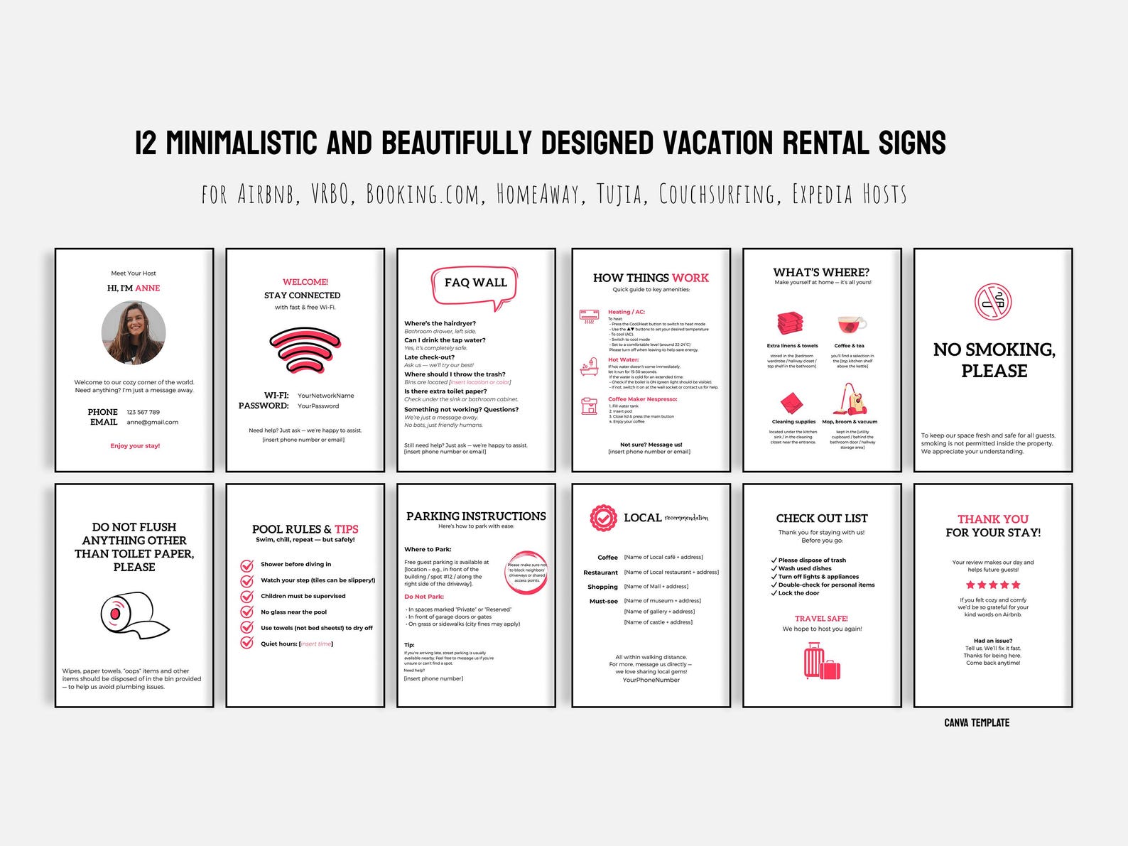 12 Editable Bundle Posters for Hosts Airbnb | Welcome Sign Canva ...