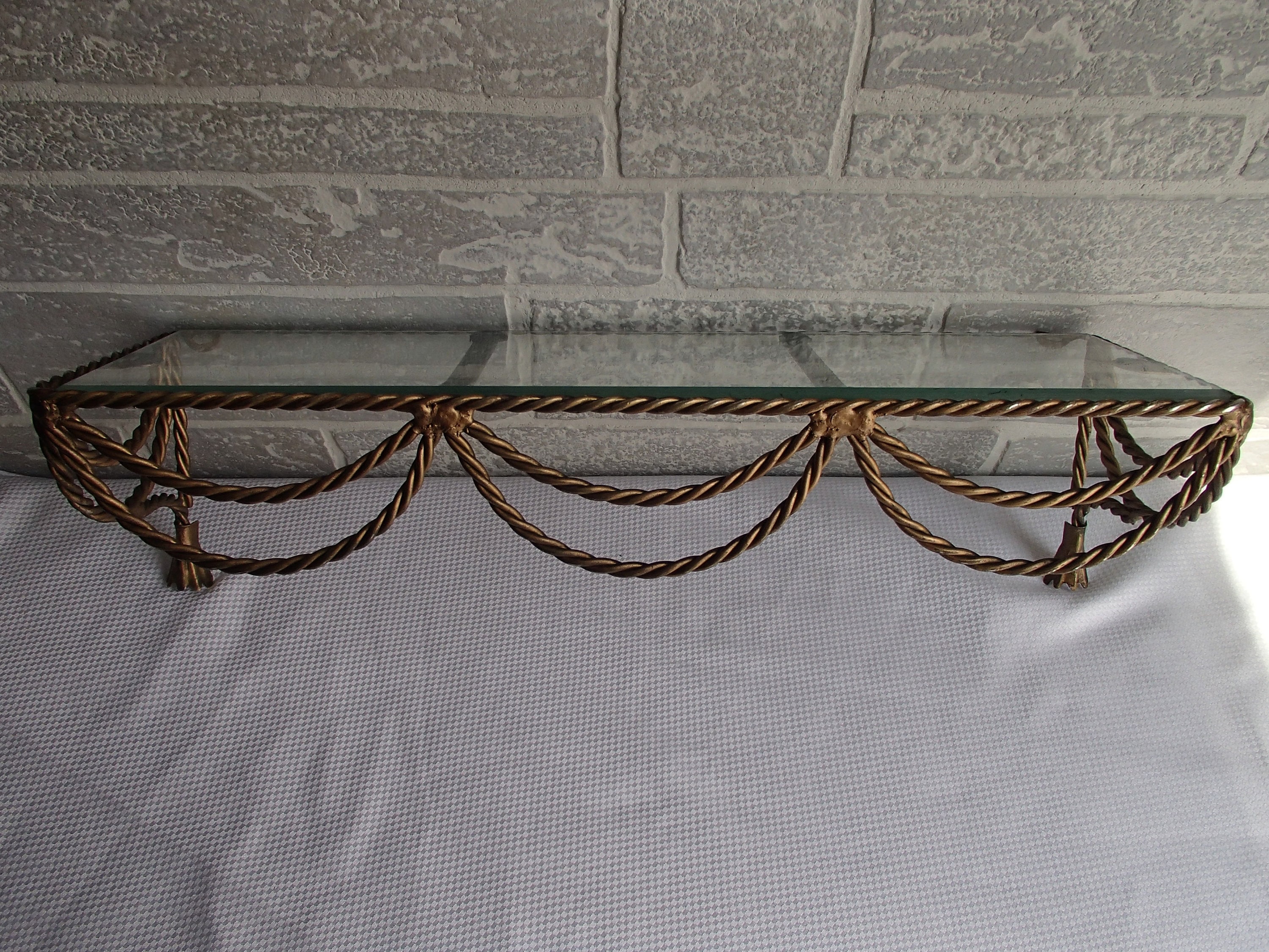 1980s Set Home Interiors Twisted Gold Metal Braid Rope Shelf With Glass ...