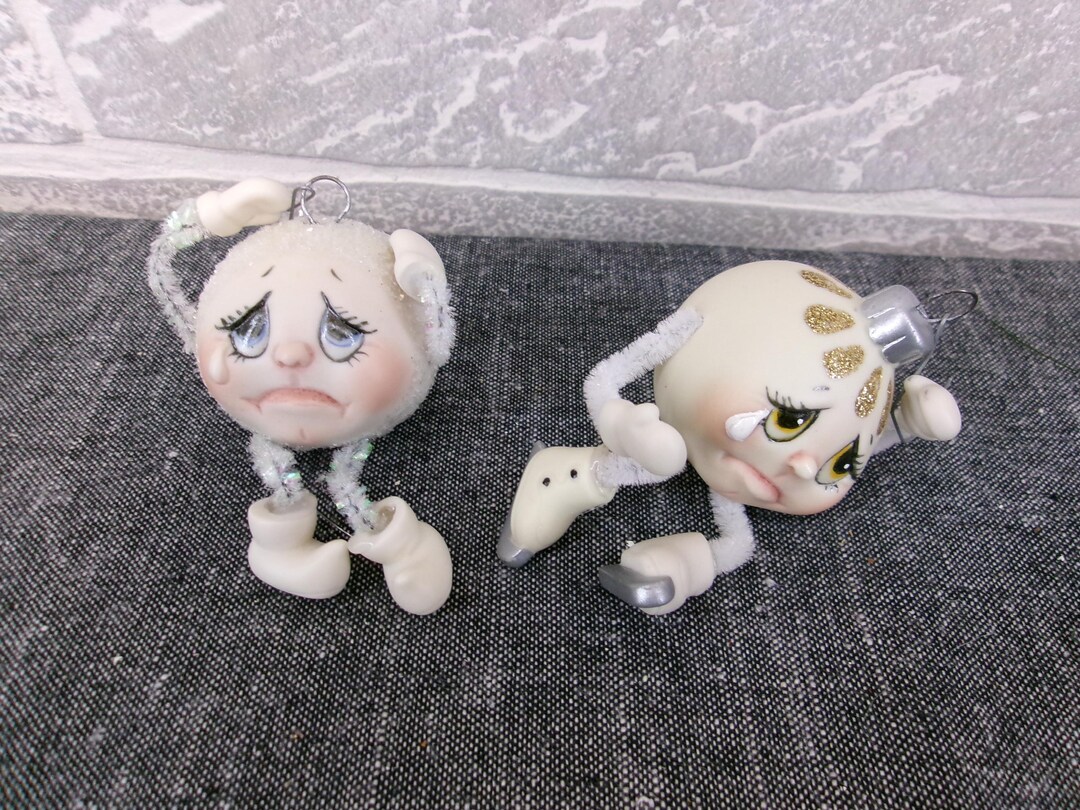 1980s Pair of Ceramic Anthropomorphic Sad Snowball Ornaments Christmas ...