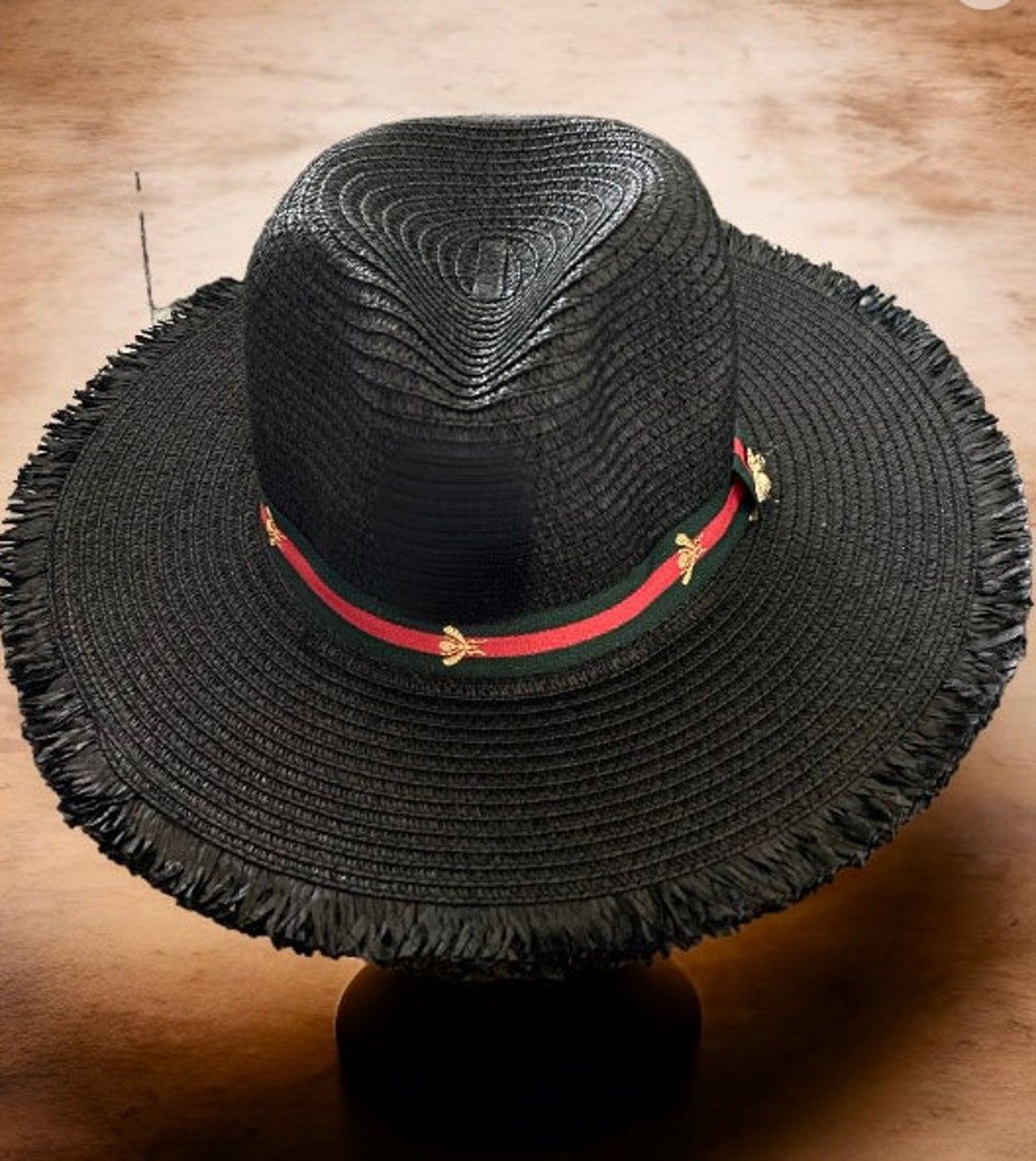 Luxury Handcrafted Straw Hat With Gold Bee Embellishment and Green ...