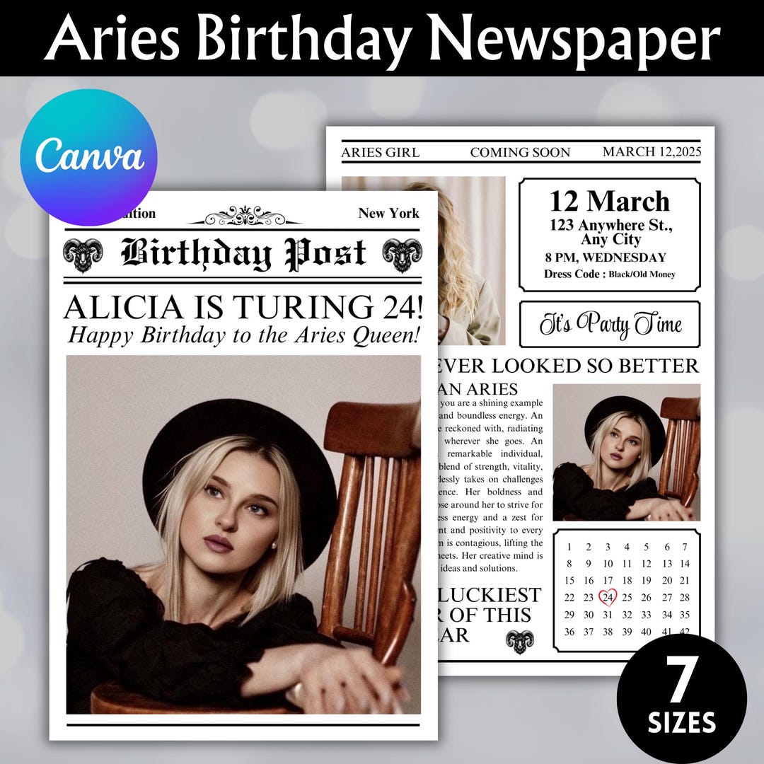 Aries Birthday Newspaper Canva Template,zodiac Birthday Newspaper ...