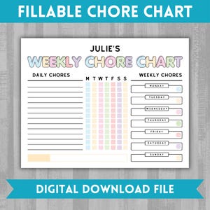 Editable Kids Chore Chart, Printable , Kids Daily Weekly Responsibility ...