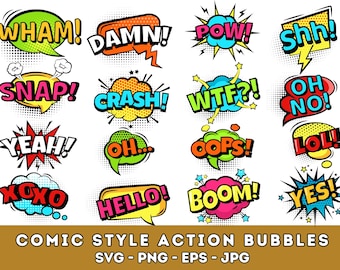 Comic Style Action Bubbles SVG Clipart - Comic Cartoon Style PNG Bundle ...