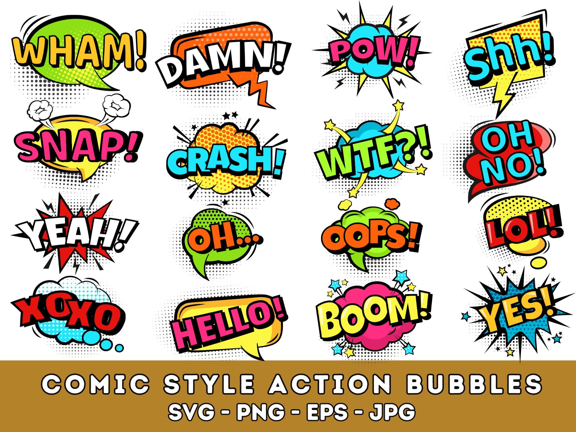 Comic Style Action Bubbles SVG Clipart Comic Cartoon Style PNG Bundle ...