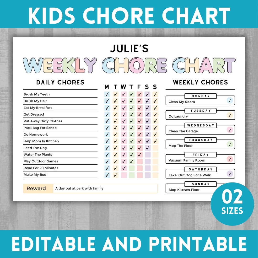 Editable Kids Chore Chart, Printable , Kids Daily Weekly Responsibility ...