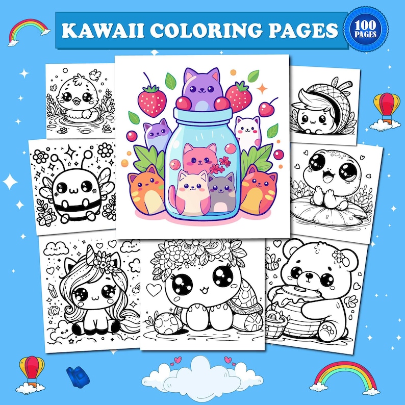 100 Kawaii Coloring Pages, Cute Coloring Pages for Kids, Kindergarten ...