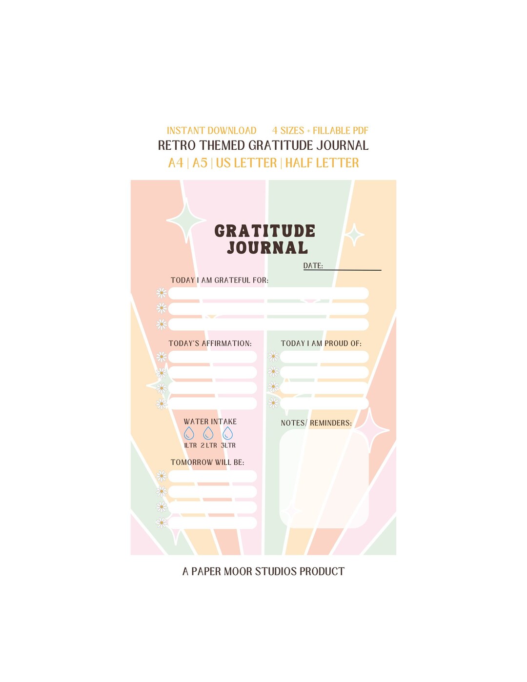 Printable Retro Gratitude Journal Page. Daily Gratitude/mindful Log: A4 ...