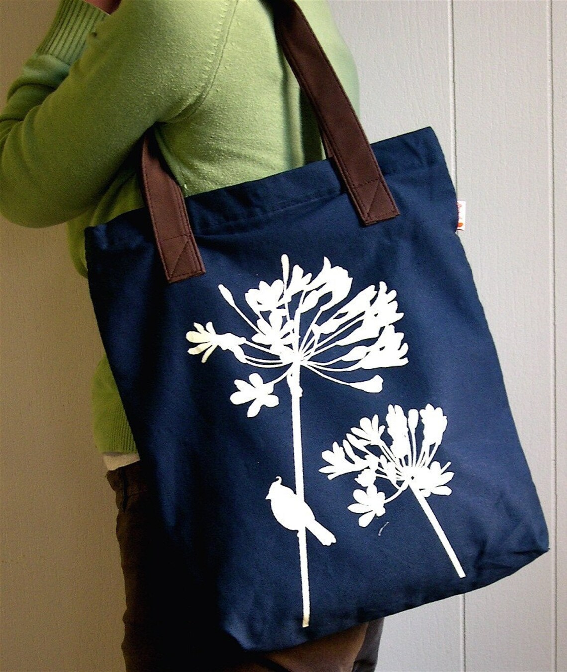 SALE Navy Blue Cardinal on Agapanthus Shoulder Tote Bag | Etsy