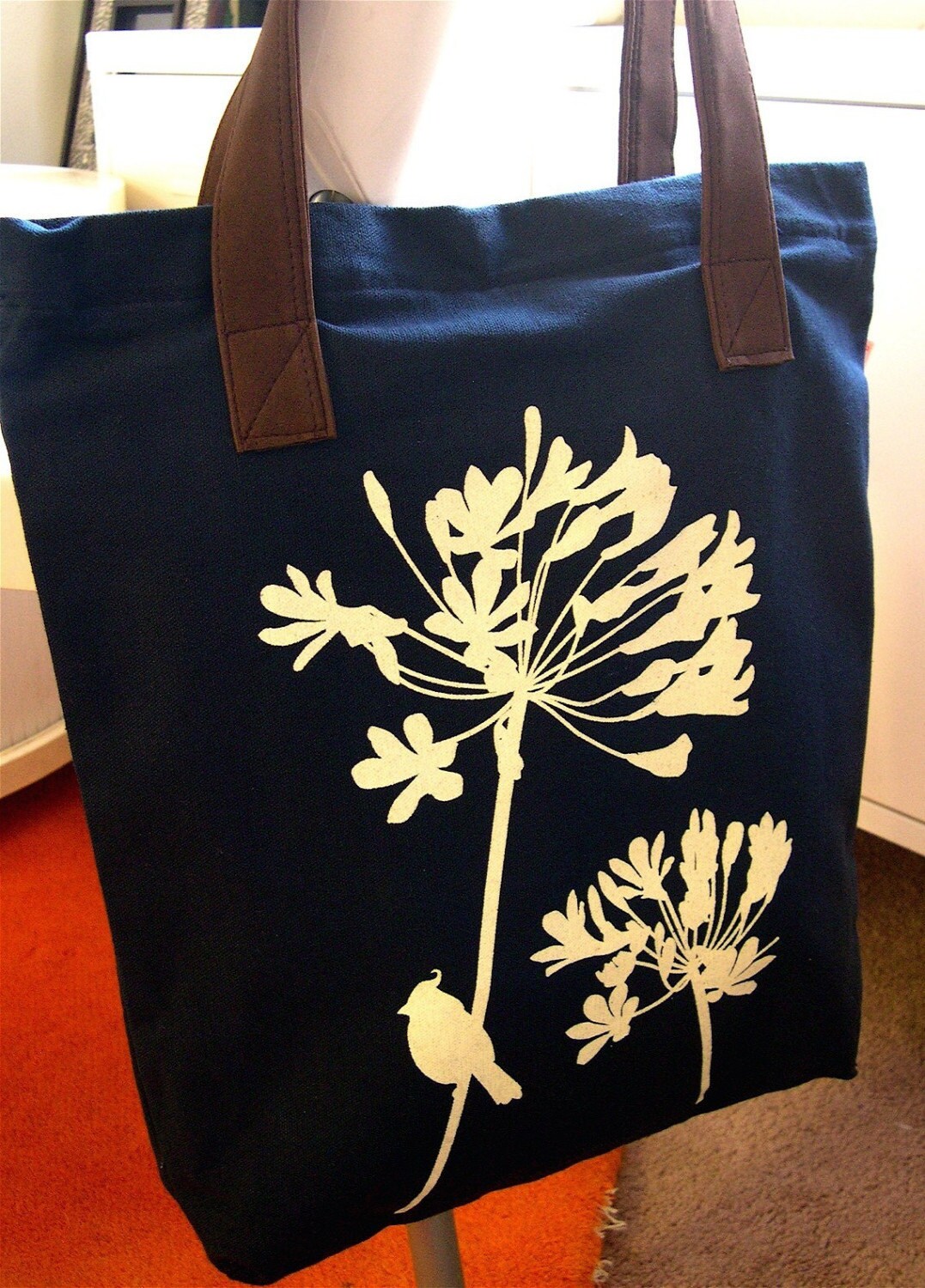 SALE Navy Blue Cardinal on Agapanthus Shoulder Tote Bag - Etsy