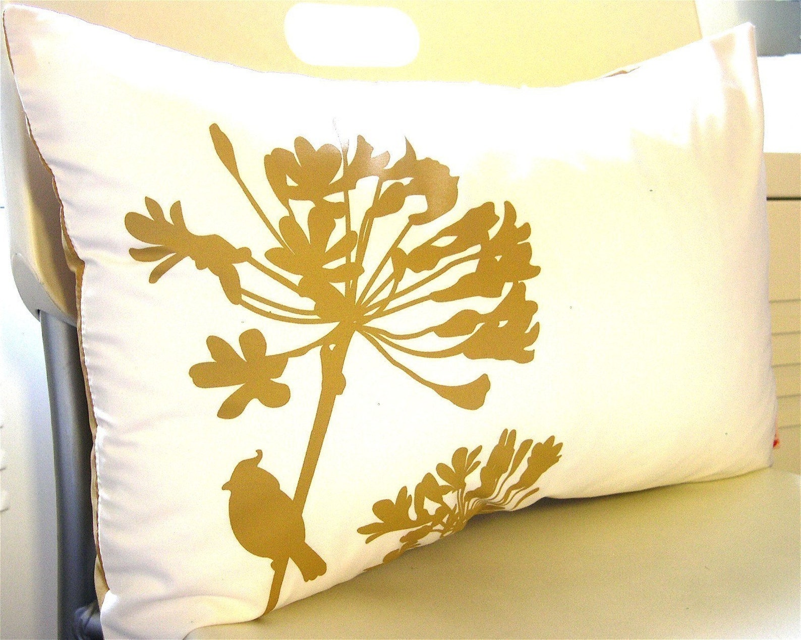 Mustard Print on off White Cotton Cardinal on Agapanthus Rectangle ...