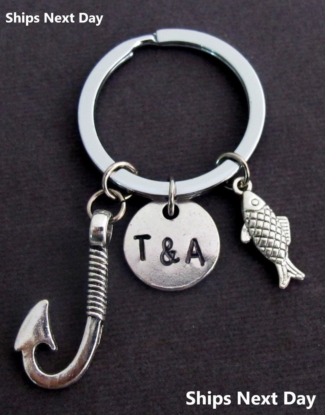 Fish Hook Keychain Couples Two Initials Keychainanniversary | Etsy