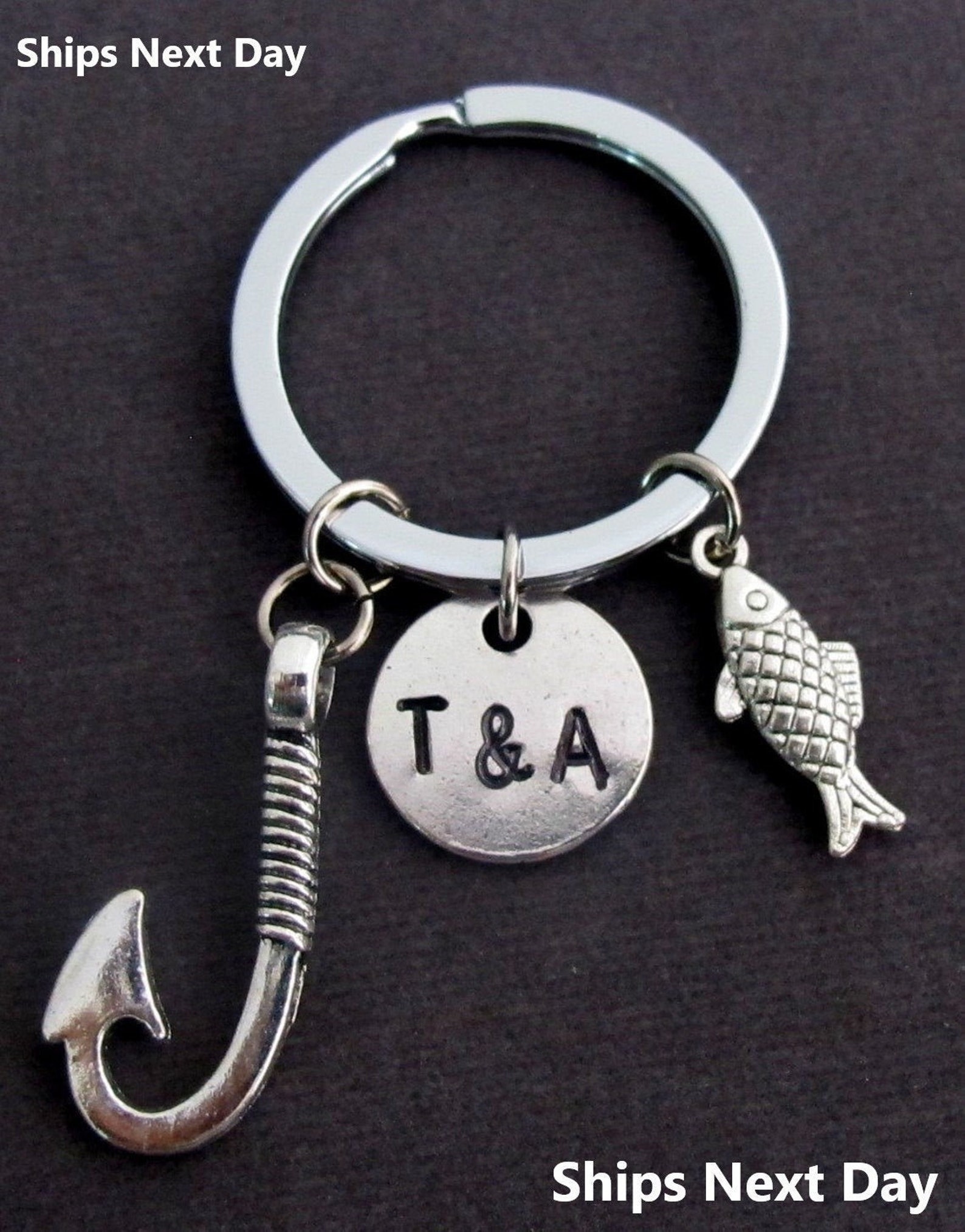 Fish Hook Keychain Couples Two Initials Keychainanniversary | Etsy