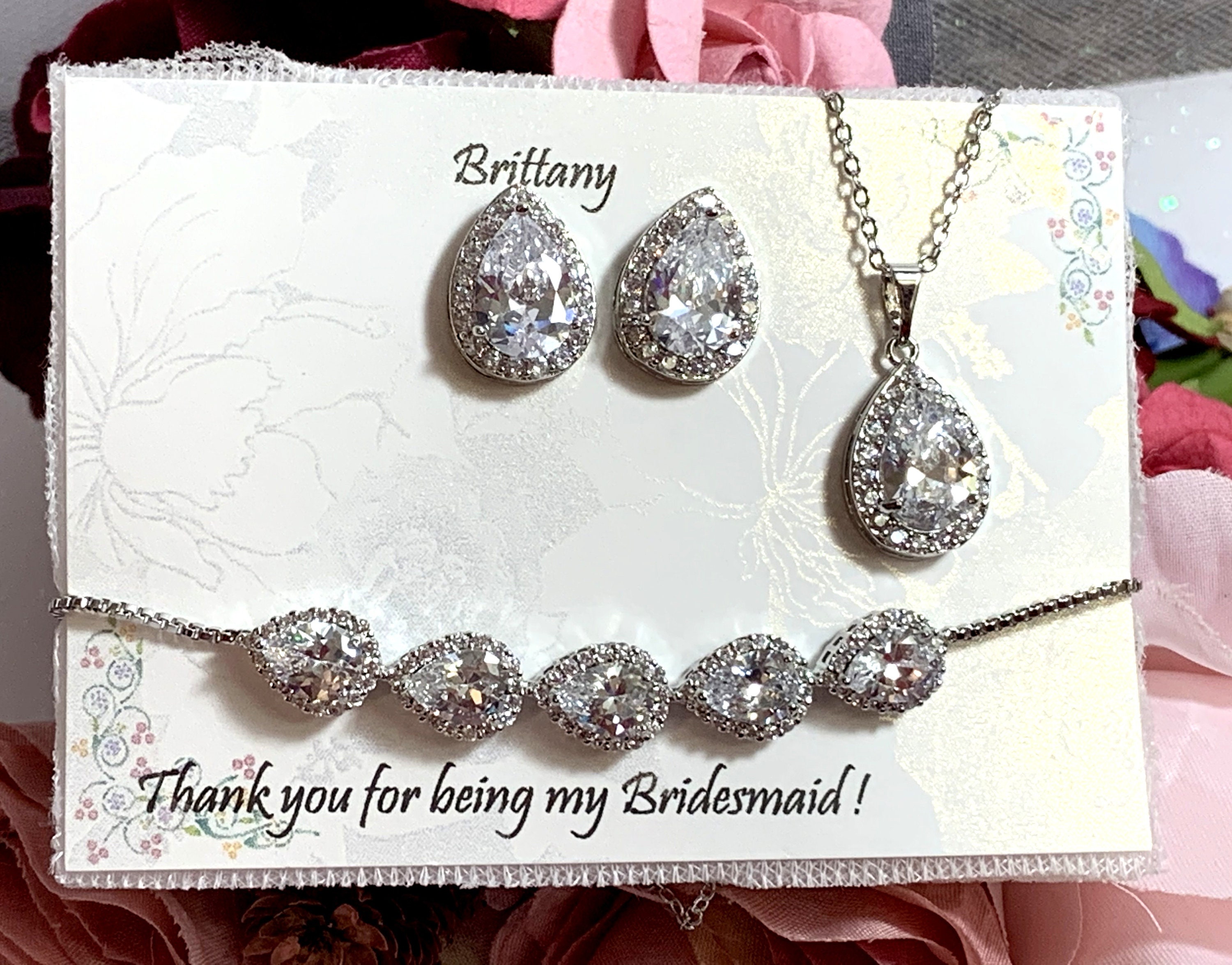 Rose Gold Teardrop Zirconia Bridesmaid Jewelry Set, Personalized Gift ...