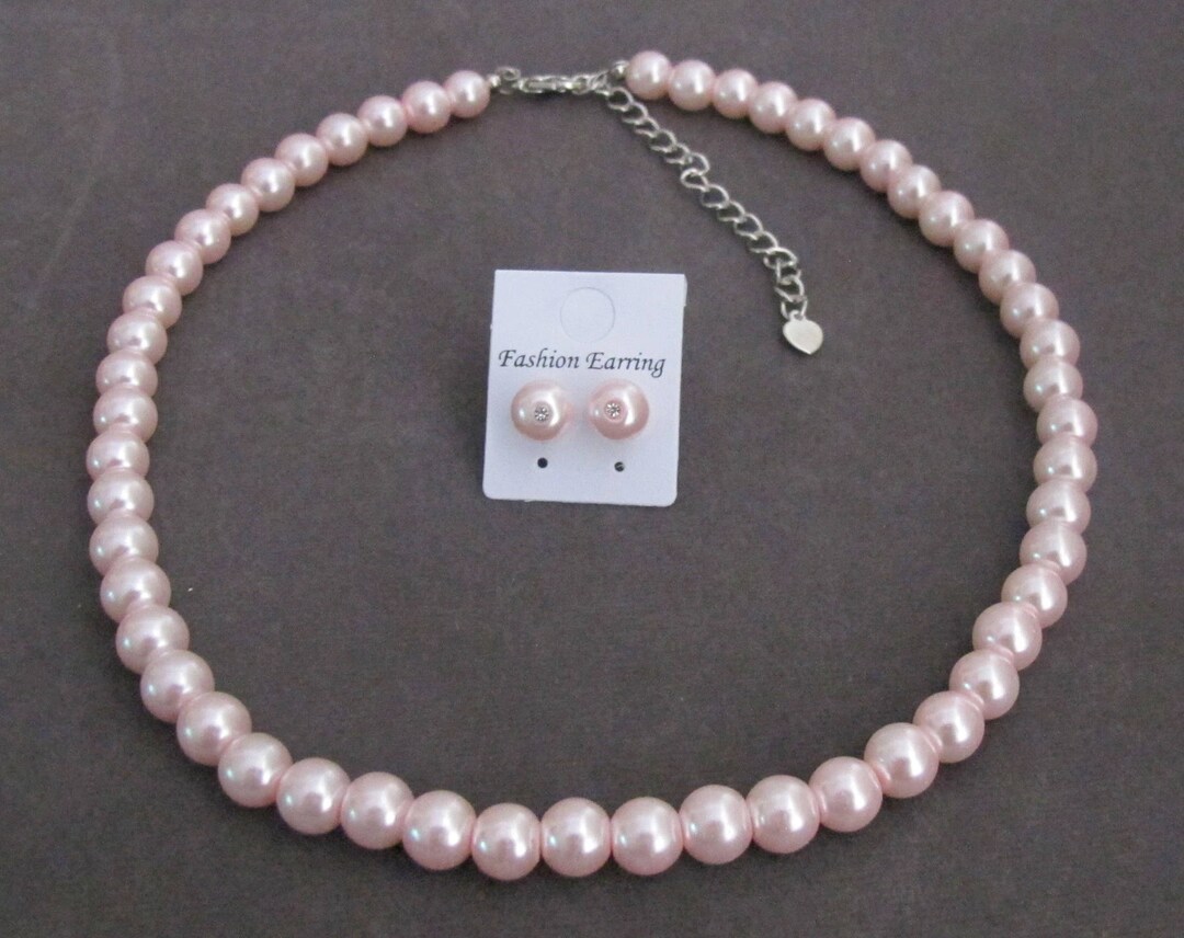 Wedding Blush Pink Pearls Necklace Earrings Jewelry, Pink Pearl Jewelry ...