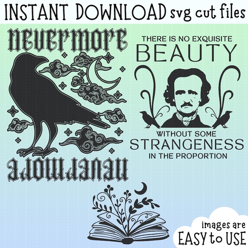 Edgar Allan Poe SVG Bundle Gothic Clipart for Shirts and Decor, Bookish ...