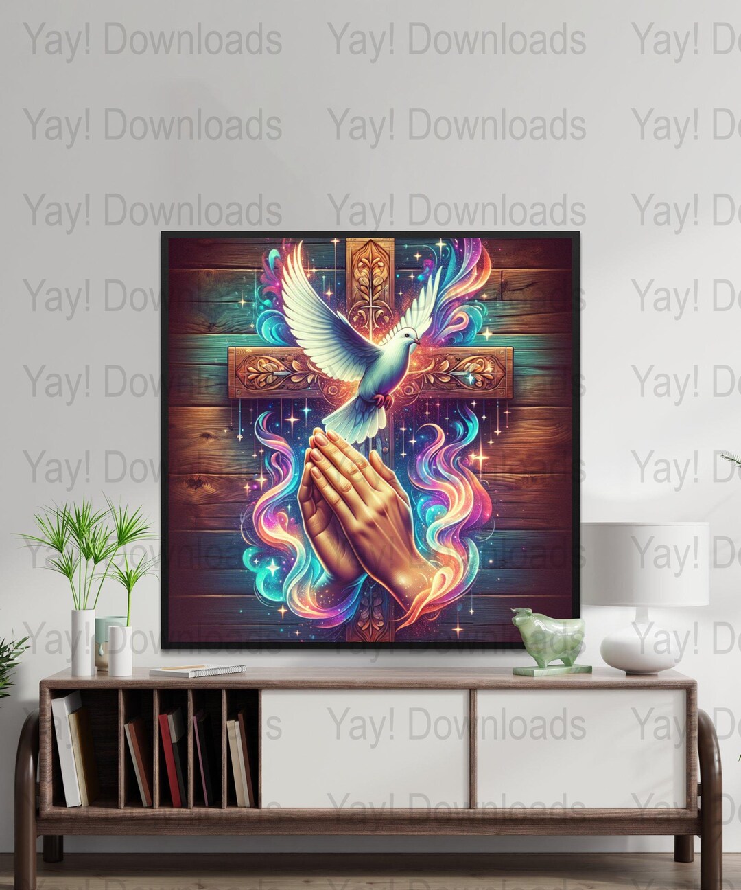 Inspirational Religious Digital Art Print Praying Hands, Dove, Cross ...