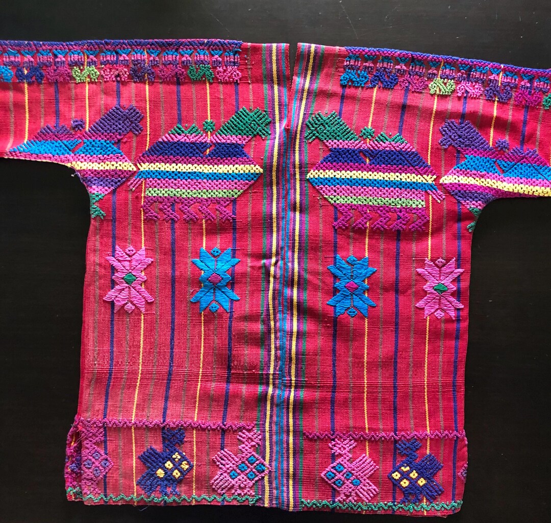 Birds Vintage Handwoven Woven Embroidery Shirt GUATEMALA HUIPIL TOP Red ...