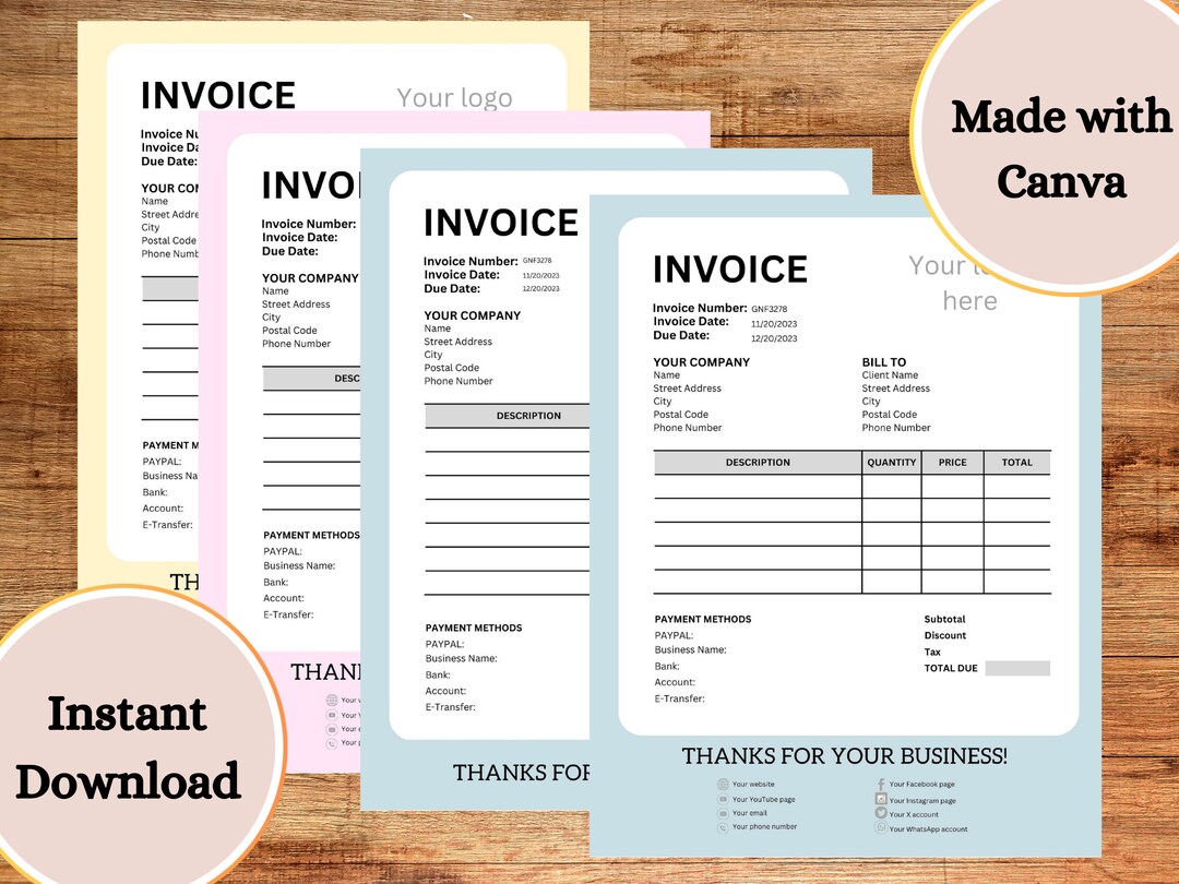 Invoice Template Digital Download in Canvas Interchangeable Background ...