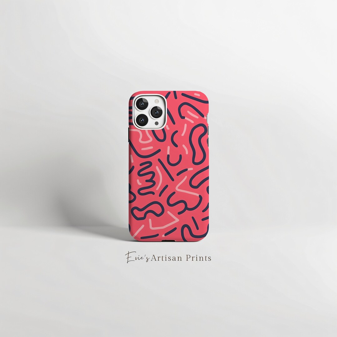 Pink Line Doodle Art Phone Case iPhone 15 14 13 12 Pro, Samsung S24 S23 ...