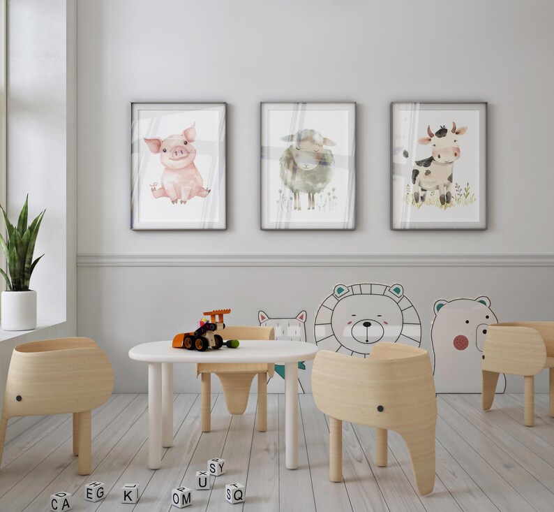 Set of 3 Farm Animal Prints, Boho Nursery Wall Art Prints, Cute Farm ...