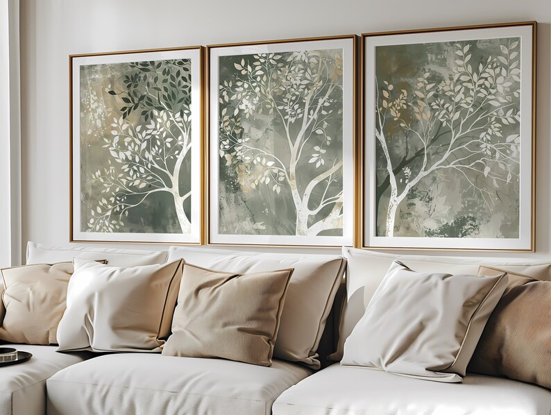 White Tree Art Print With Bronze Accents Set of Three - Teal Background ...