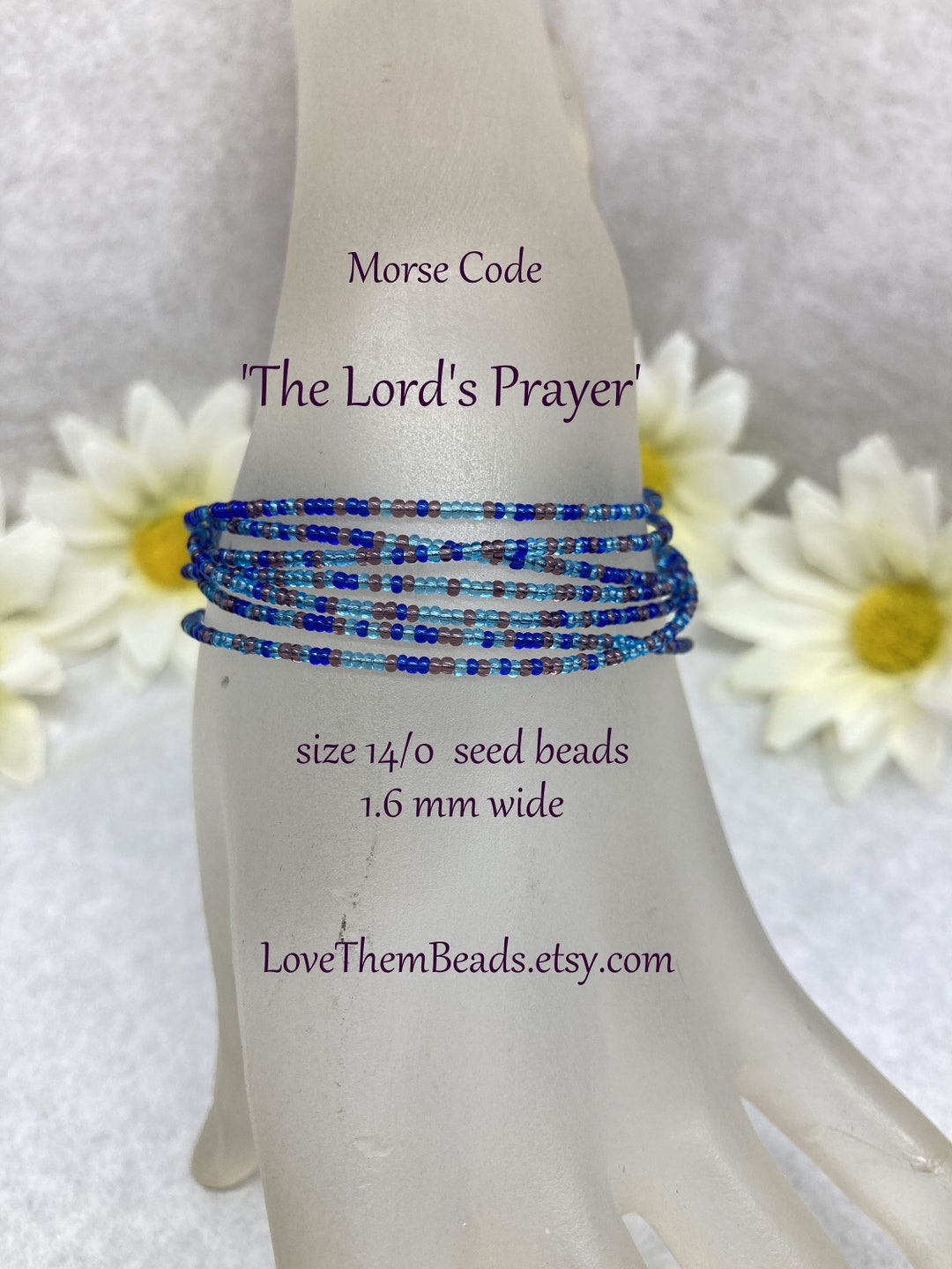 The Lord's Prayer Bracelet in Morse Code, Tiny Blue and Purple Seed ...