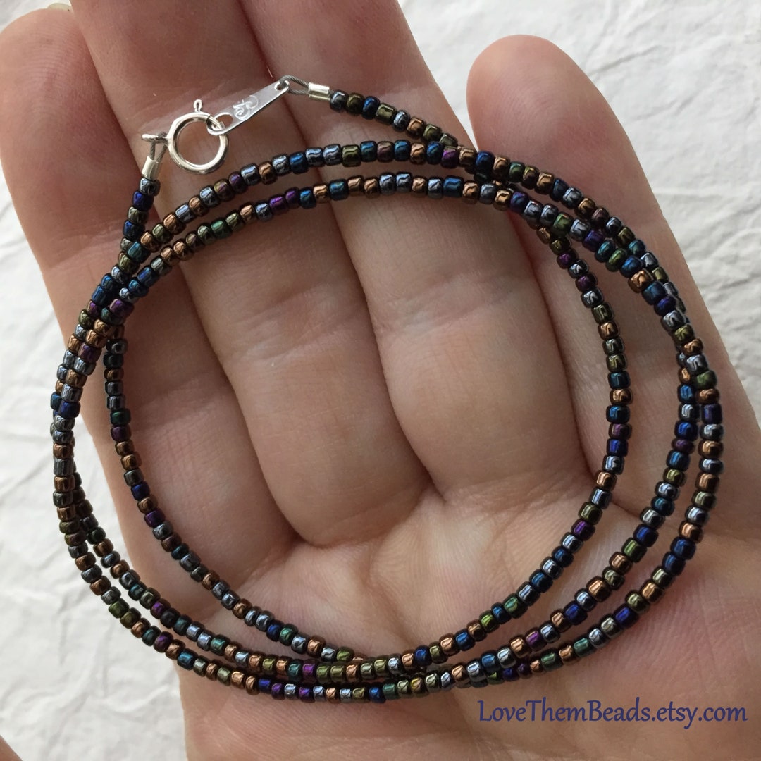 Earthy Rustic Metallic Iris Mix Seed Bead Choker or Long Necklace, Thin ...