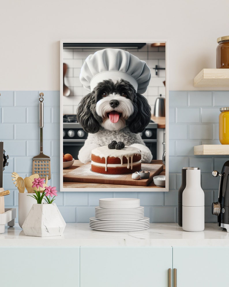 Black and White Cavapoo Cockapoo Baking Cake in Kitchen Digital ...