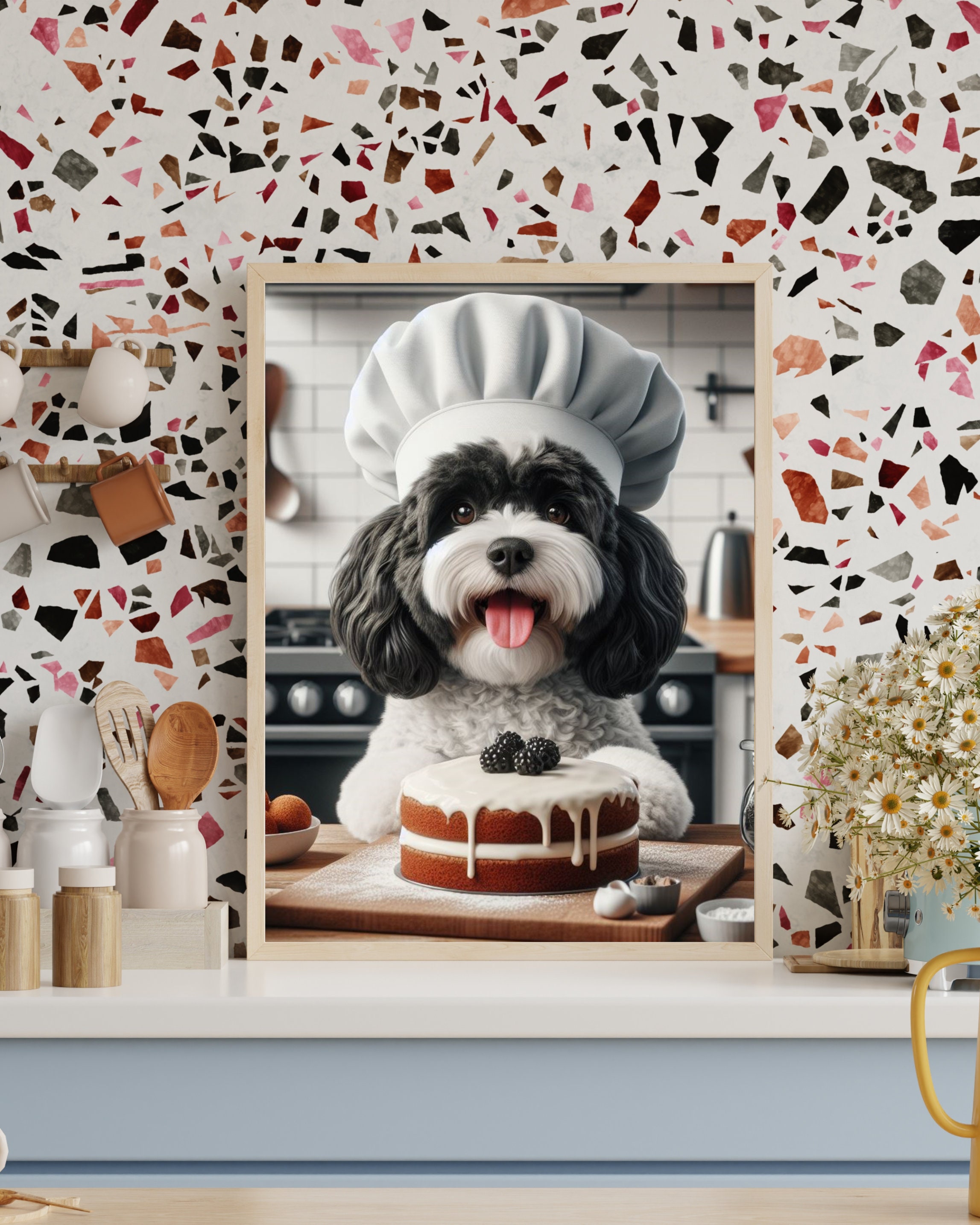 Black and White Cavapoo Cockapoo Baking Cake in Kitchen Digital ...