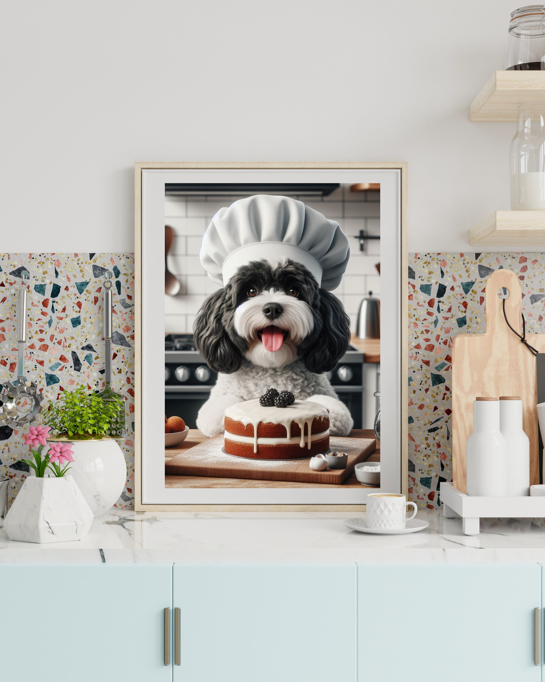 Black and White Cavapoo Cockapoo Baking Cake in Kitchen Digital ...