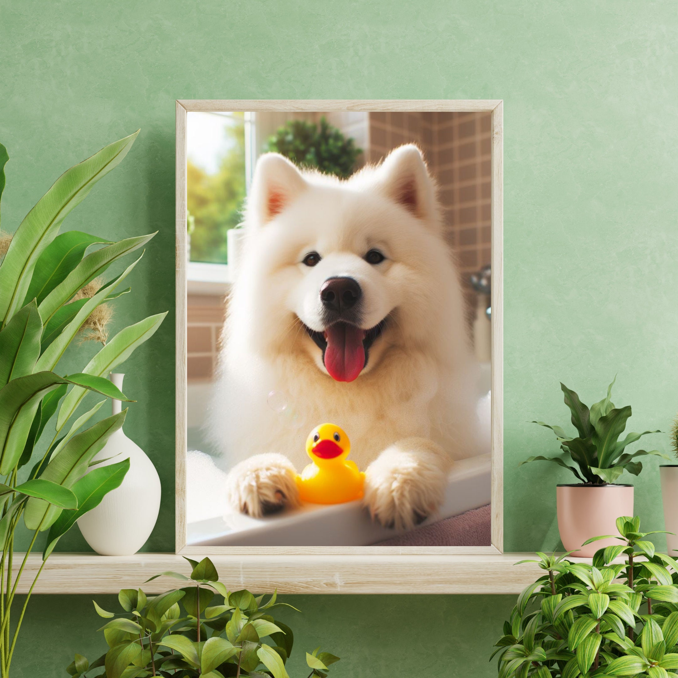 Samoyed in the Bath With Rubber Duck, Cute, Having Fun, Dog Gift Cute ...