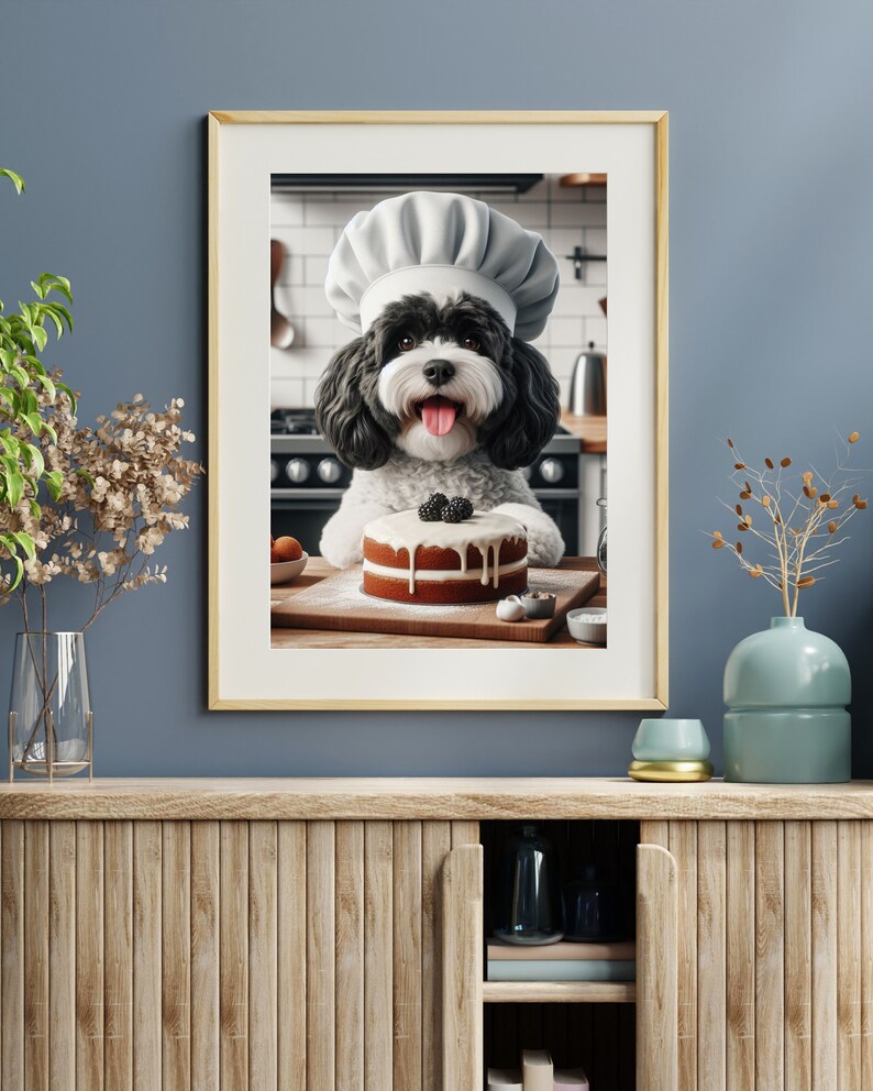 Black and White Cavapoo Cockapoo Baking Cake in Kitchen Digital ...